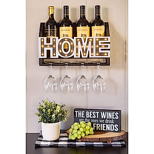 ienjoyware Wooden Wall Mounted Home LED Wine Rack and Glass Holder – Wall Décor for Home Interior – Wine Racks Display with LED – 4-Bottle and 4-Glass Holder