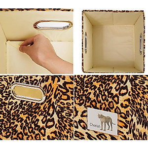 BeigeSwan Foldable Animal Leopard [Set of 4] Cube Storage Bins, Collapsible Fabric Organizer Container Boxes w/ Handles – 11 x 11 x 11 Inches