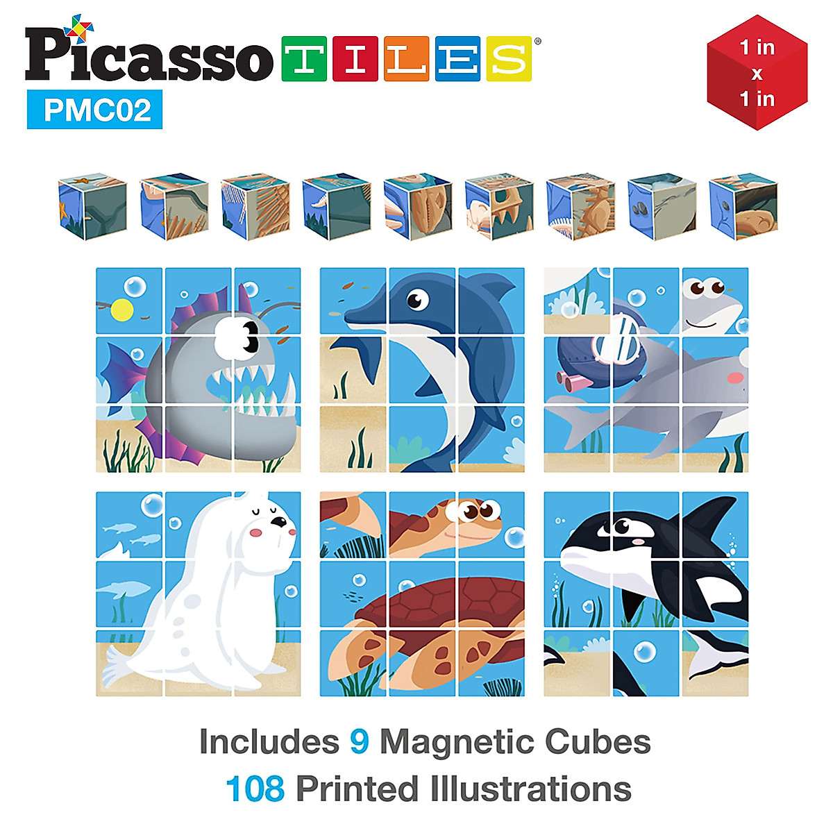 PicassoTiles 1” Magnetic Puzzle Cubes for Kids, 3D Sea Ocean Animal 63pcs Exploration Blocks, Kids Focus Learning & Stacking Toys, STEM Educational Preschool Toddler Classroom Activity, Boys Girls