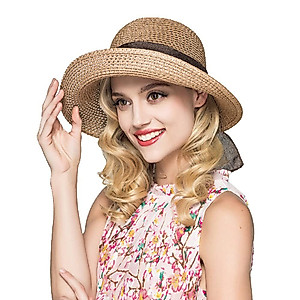 Cyiecw Beach Straw Hats for Women Floppy Summer Sun Hat Fashionable Wide Brim Cap UV UPF5 Travel Hats Packable Cotton Light Brown Khaki