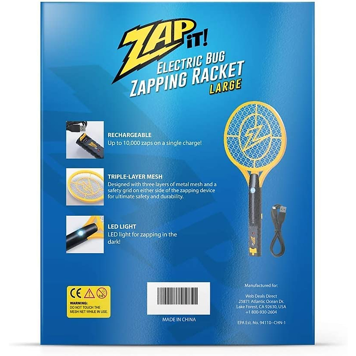 ZAP IT! Bug Zapper - Rechargeable Mosquito, Fly Killer and Bug Zapper Racket - 4,000 Volt - USB Charging, Super-Bright LED Light to Zap in the Dark - Unique 3-Layer Safety Mesh That's Safe to Touch