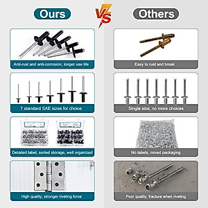 SATANTECH 200PCS Black Rivets Pop Rivets Assortment Kit, Large flange Aluminum Rivets(1/8" 3/16" 1/4") Assorted Blind Rivets with Case