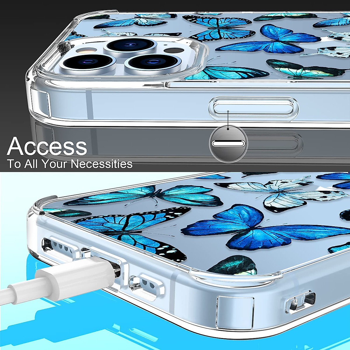 LUHOURI Designed for iPhone 13 Pro Max Case with Screen Protector - Crystal Acrylic Clear for Women and Girls - Slim Fit Protective Phone Cover 6.7" - Floral Blue Butterflies