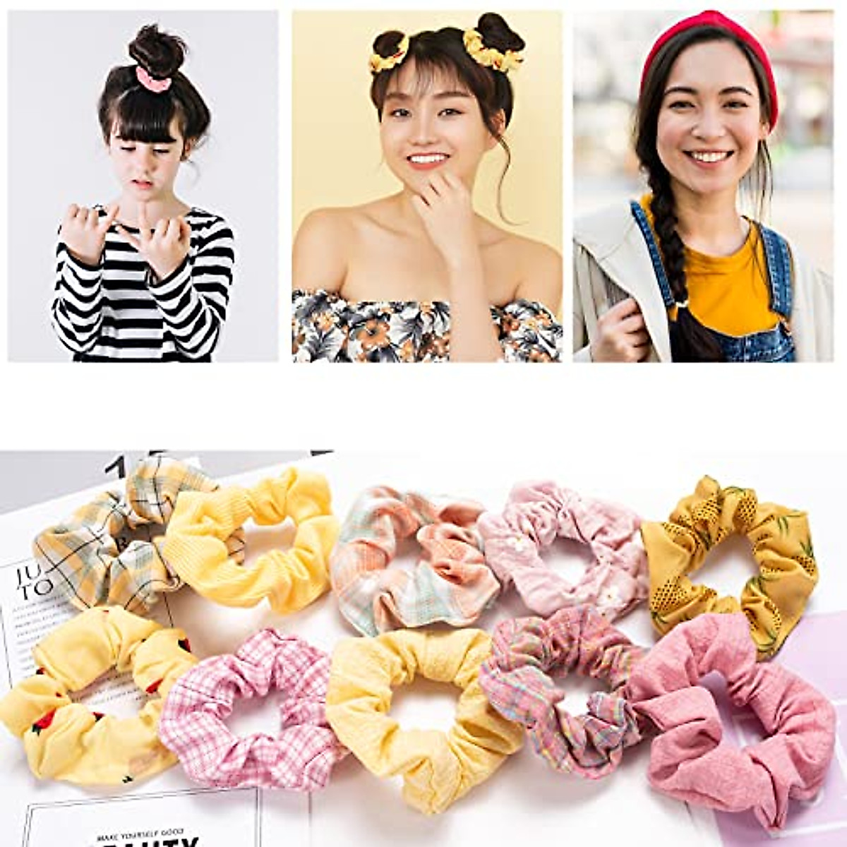 10pcs Cute Plaid Hair Ties Printed Hair Scrunchies Ponytail Holder Colorful Hair Elastics Bands Hair Accessories for Women Girls (Yellow)
