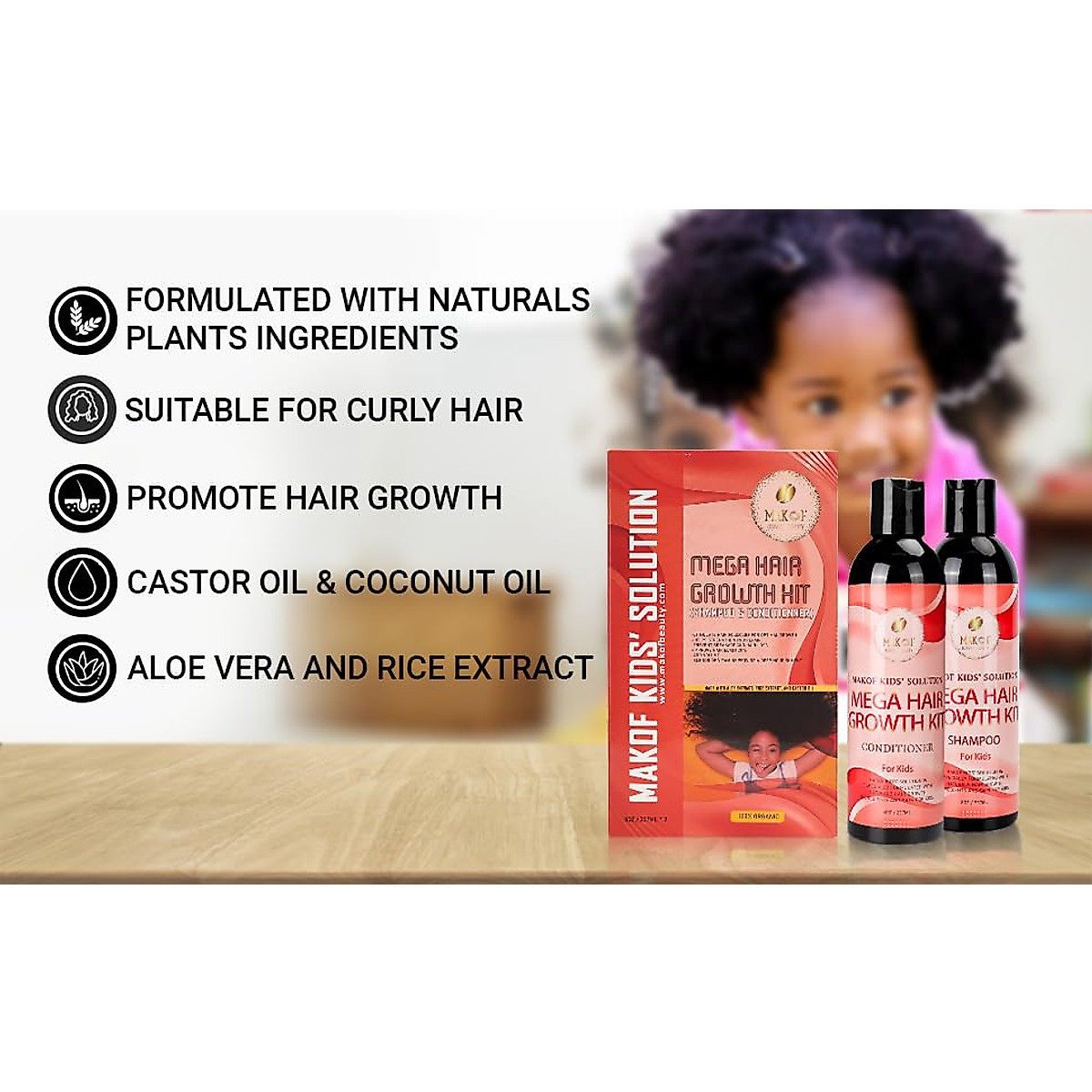 MAKOF Kid’s Hair Growth Set. Shampoo & Conditioner with black castor oil, Wheat Protein, Argan, Jojoba, Aloe Vera, , Mask Treatment and Leave-in, Sulfate Paraben Free, No harsh chemicals.