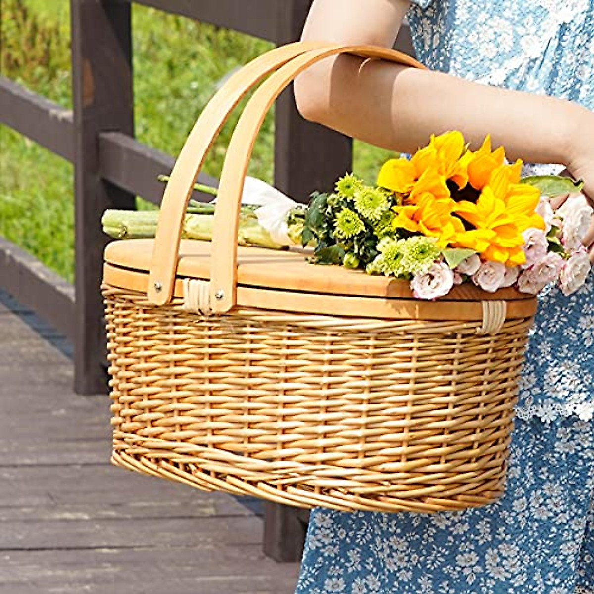 Wicker Picnic Basket Cooler with Portable Picnic Wine Table & Swing Handles for Beach, Camping, Park, Outdoor Party. Insulated Willow Cooler Baskets for Wine Lover. Best Gift for Christmas,Valentine