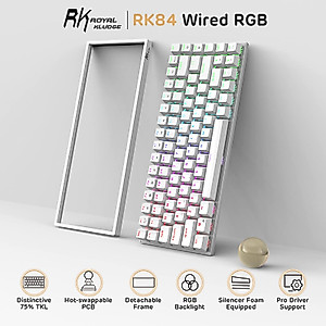 RK ROYAL KLUDGE RK84 Wired RGB 75% Hot Swappable Mechanical Keyboard, 84 Keys Tenkeyless TKL Gaming Keyboard w/Programmable Software and High-Capacity Battery, RK Red Switch