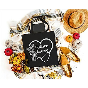 GXVUIS Future Nurse Canvas Tote Bag for Women Aesthetic Floral Heart Reusable Grocery Shopping Bags Nursing Student Gift Black
