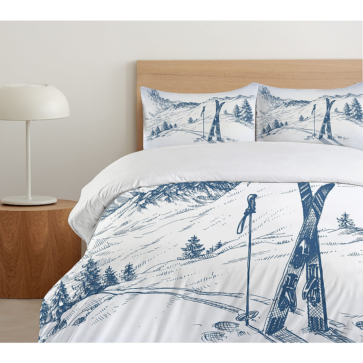 Ambesonne Winter Duvet Cover Set, Sketchy Graphic of a Downhill Ski Elements in Snow Relax Calm View, Decorative 3 Piece Bedding Set with 2 Pillow Shams, California King, Blue White