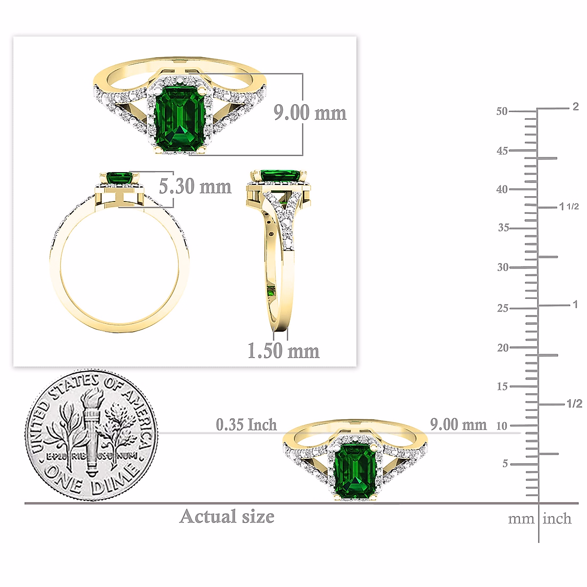 Dazzlingrock Collection 7x5mm Emerald Cut Lab Created Emerald & Round White Diamond Halo Split Shank Engagement Ring for Women in 10K Yellow Gold Size 6