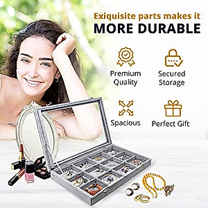 Hivory Bracelet Bangles & Jewelry Accessories Organizer Tray with Transparent Lid ~ Ample Space ~ See Through Top Display Case Accessories Storage Jewelry Box (Grey 12 Grid)