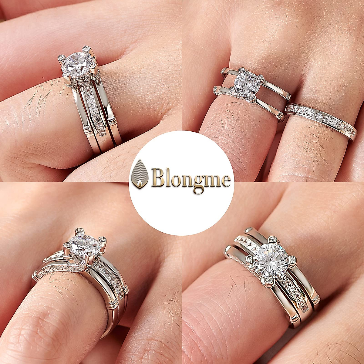 Blongme Wedding Ring Sets for him and her Women Sterling Silver CZ His Men Titanium Wedding Band Couples 925 Sterling Silver Size 5&10