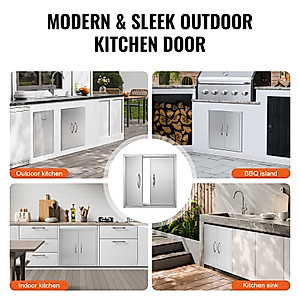 VEVOR BBQ Access Double Door, 24W x 24H Inch Outdoor Kitchen, Stainless Steel Flush Mount, Double Wall Vertical With Handles and Hooks, for BBQ Island, Grilling Station, Outside Cabinet