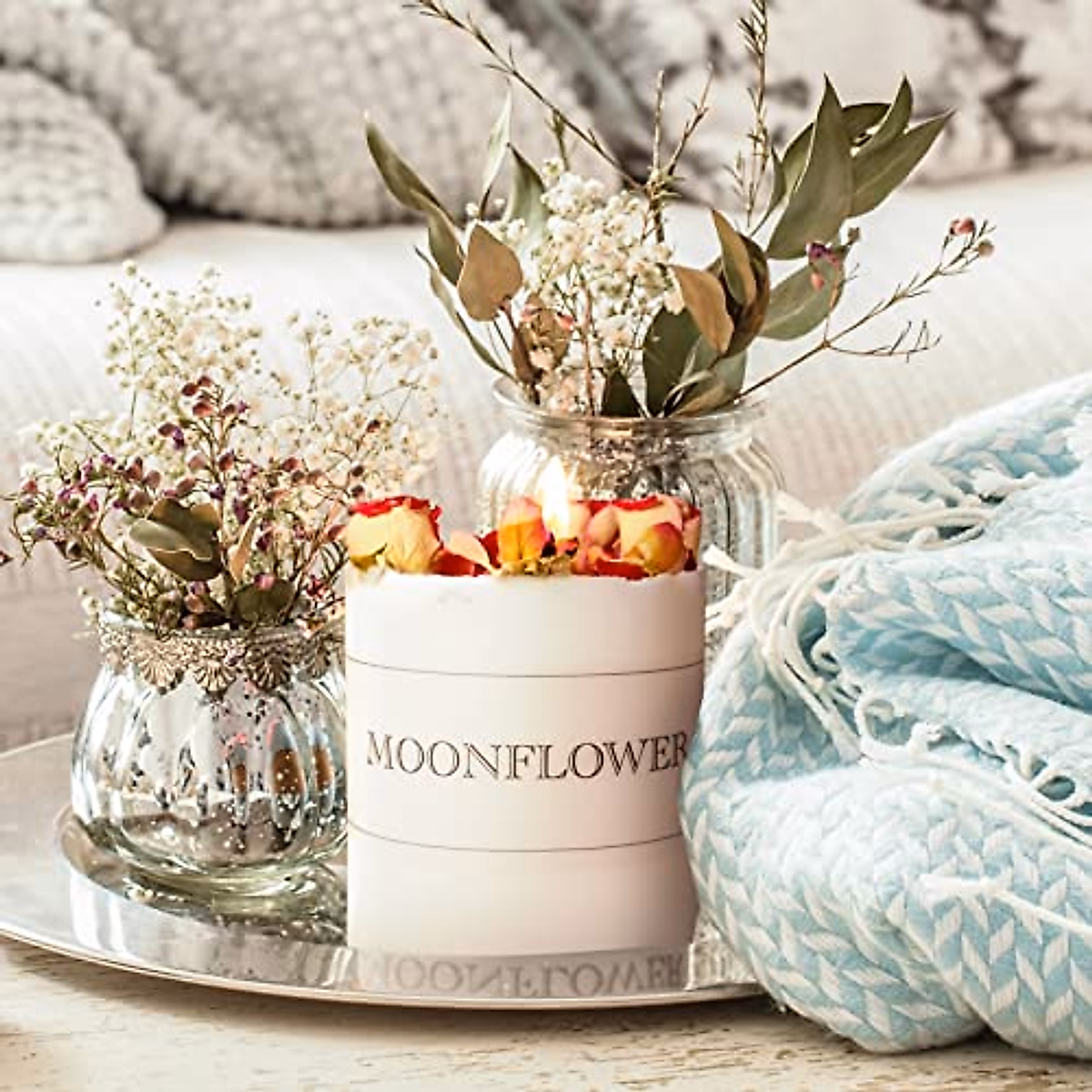 Moonflower Aromatherapy Candle Rebirth and Renewal Floral Candle Aromatic Luxury Candle for Home Decoration | Red & Pink Roses in White | Rose & Wood