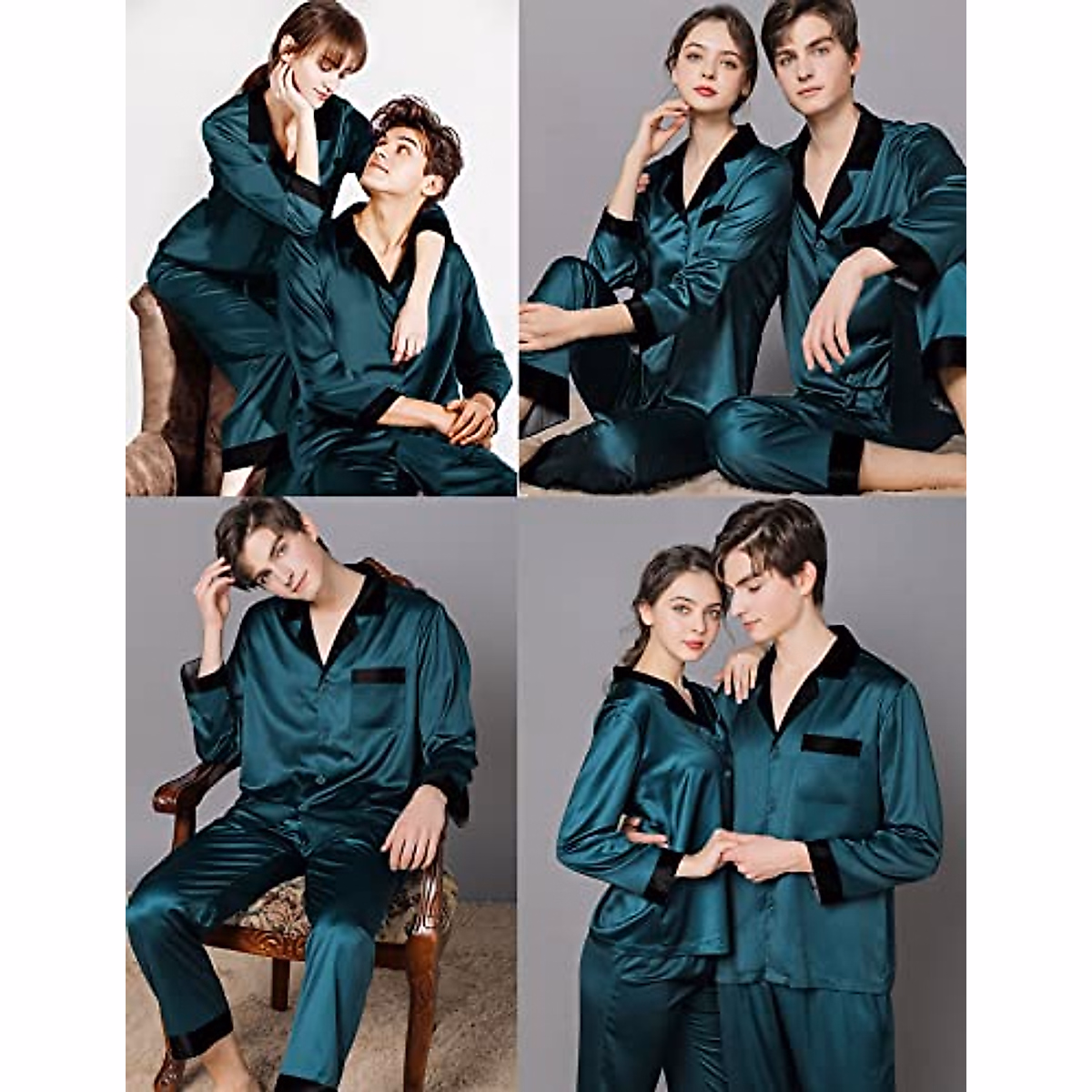 SWOMOG Silk Pajamas Set Women Long Sleeve Satin Sleepwear Loose Long Pants Loungewear Couples Pjs Set for His and Her Deep Green
