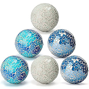 DomeStar 4 Inches Blue Cerulean White and Grey Wicker Rattan Balls Orbs and 6PCS 2.4 Inches Mosaic Glass Orbs