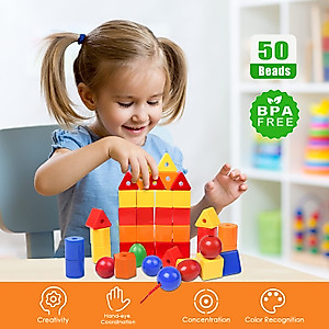 Lacing Beads Educational Threading Toy-50 Jumbo Stringing Toy Montessori Toys, Fine Motor Skills Cognitive Skills Occupational Therapy Toys for Toddlers 3,4,5,6 Years, Preschool Kids, Autism