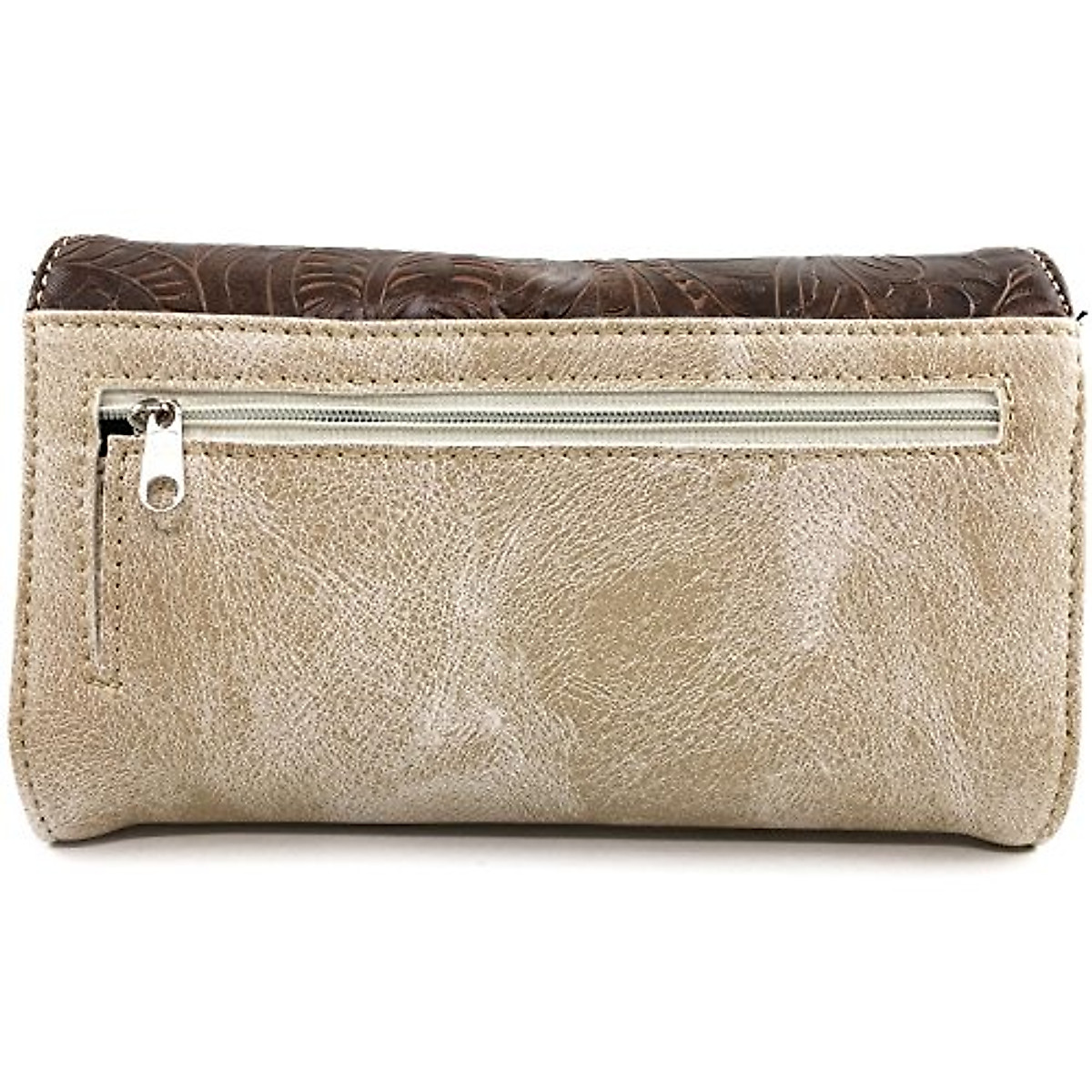 Justin West Tooled Leather Laser Cut Rhinestone Cross Studded Shoulder Concealed Carry Tote Style Handbag Purse (Beige Wallet)