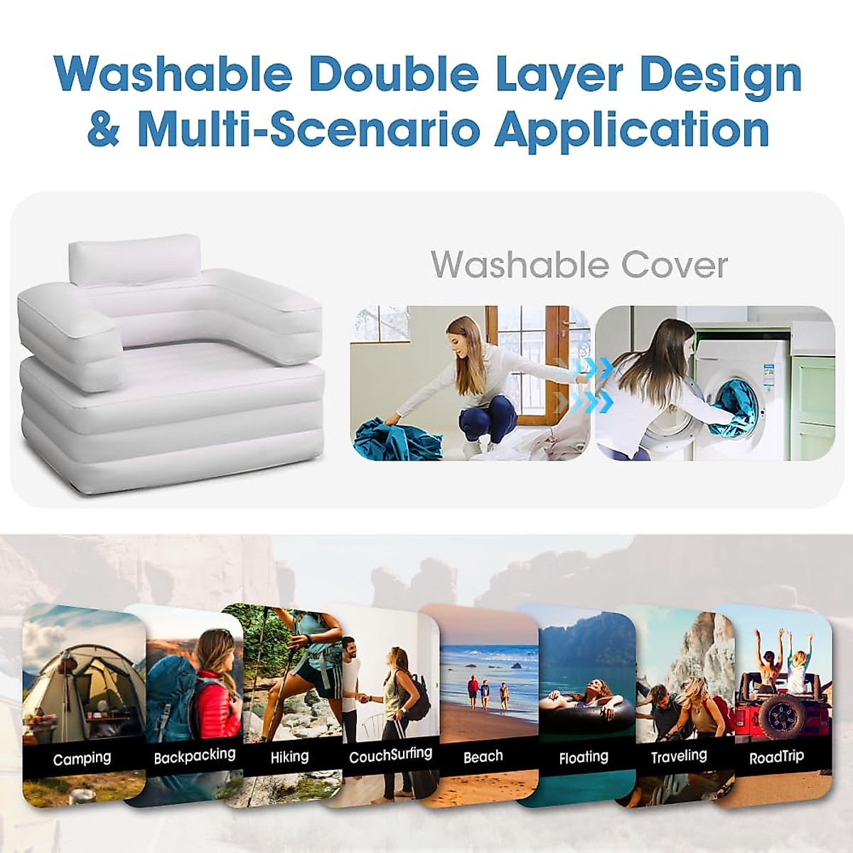 Aerogogo Inflatable Couch Self Inflatable Sofa, Air Couch with Built-in Air Pump Rechargeable, 4kPa High-Pressure & Durable Blow up Couch Camping Couch for Picnic Beach Home (Loveseat)