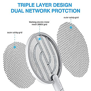 PALONE Electric Fly Swatter 3000V Bug Zapper Racket 2 in 1 Fly Swatter with 1200mAh Battery Rechargeable Mosquito Killer Lamp with 3 Layers Safety Mesh for Indoor and Outdoor