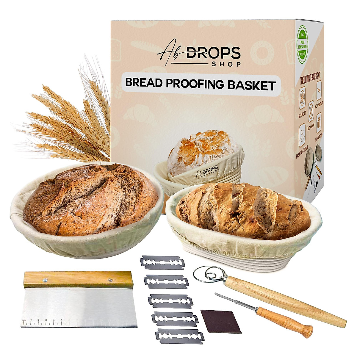 Premium Bread Banneton Proofing Basket Set of 2, 10 inch Round & Oval Cane Bread Proofing Baskets with 4 set cloth Sourdough Baskets Tools & Liners for Artisan Bread Making, Baking Supplies Kit