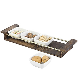 MyGift 5 Piece White Ceramic Small Dip Bowl and Burnt Wood Serving Tray Party Set, Mini Condiment Dipping Bowls for Appetizer, Soy Sauce, BBQ