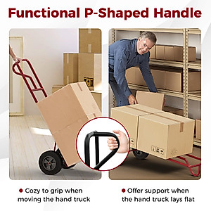 Goplus Hand Truck, P-Handle Hand Truck Dolly w/Vertical Loop Handle, 10” Rubber Wheels, 15”x8” Foldable Nose Plate, 660LBS Capacity, Heavy Duty Metal Dolly Cart for Lifting, Stairs (Red)