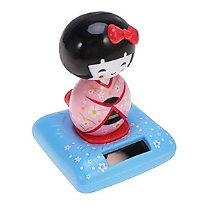 Amosfun Solar Powered Bobble Shaking Head Dancing Toy Japanese Kokeshi Doll Figurines Statues Car Dash Board Decorations Pink