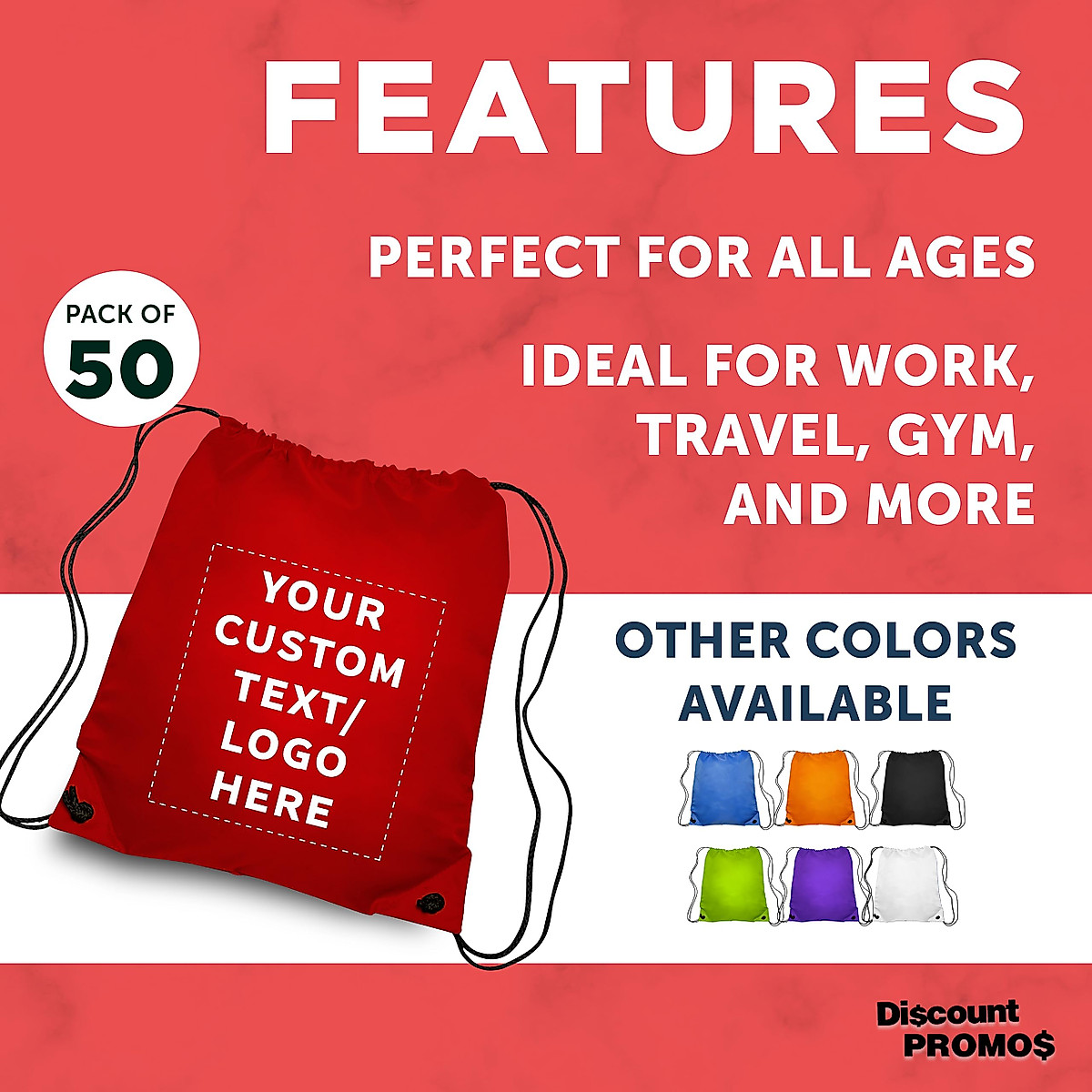 DISCOUNT PROMOS Custom Classic Polyester Drawstring Bags Set of 50, Personalized Bulk Pack - Bring Everywhere You Go, Great for Travelling, Gym and for Everyday Use - Red