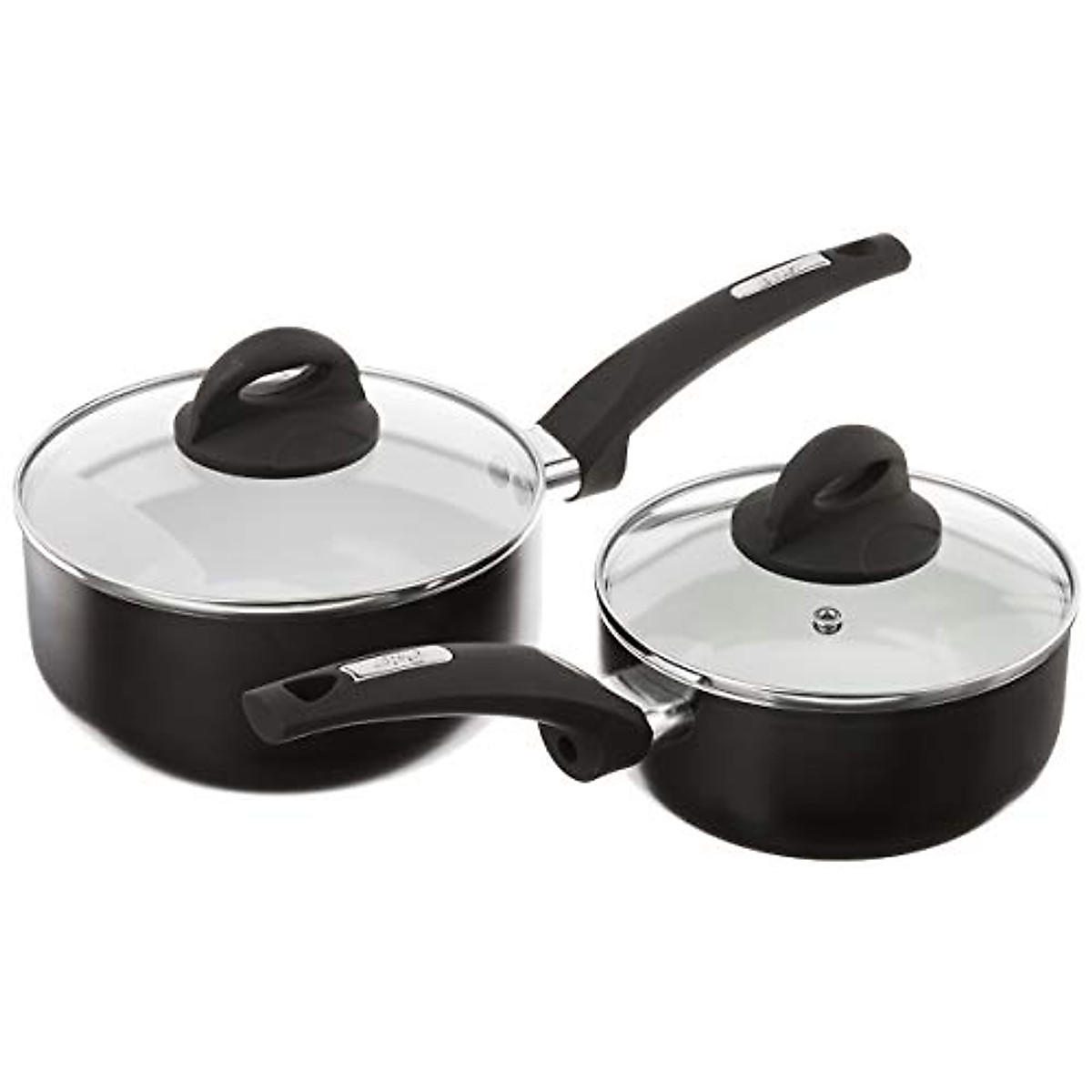 Oster Herstal Aluminum Cookware Set with Ceramic Non-Stick and Soft Touch Bakelite Handle with Tempered Glass Lids, 11-Piece, Black w/White Interior