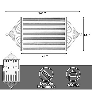 HARBOURSIDE 12FT Quilted Hammock with Spreader Bar, 2 Person Double Hammock with Pillow and Chains, Hammock for Indoor Outdoor, Bedroom Patio, 450 lbs Capacity，Black Stripe