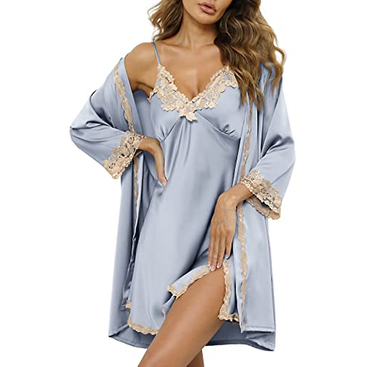 SAPJON Womens Pajama Sets 5PCS Silk Pajamas for women Cute Sleepwear Loungewear Satin Pajamas Sets for Women Soft Grey
