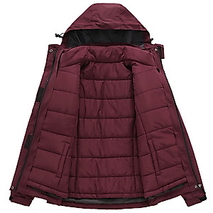 PTSOC Women's 3 in 1 Waterproof Ski Jacket Warm Winter Snow Coat Windproof Hooded Snowboarding Raincoat Wine Red Small