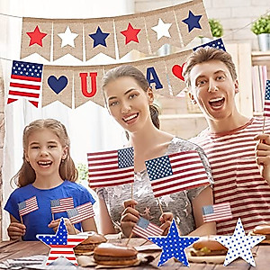 2 Pcs 4th of July Banner Burlap Patriotic Garland and 3 Pcs Independence Day Wooden Stars Rustic Signs USA Freestanding National Day Decor Red White Blue Bunting Garland for Table Decorations