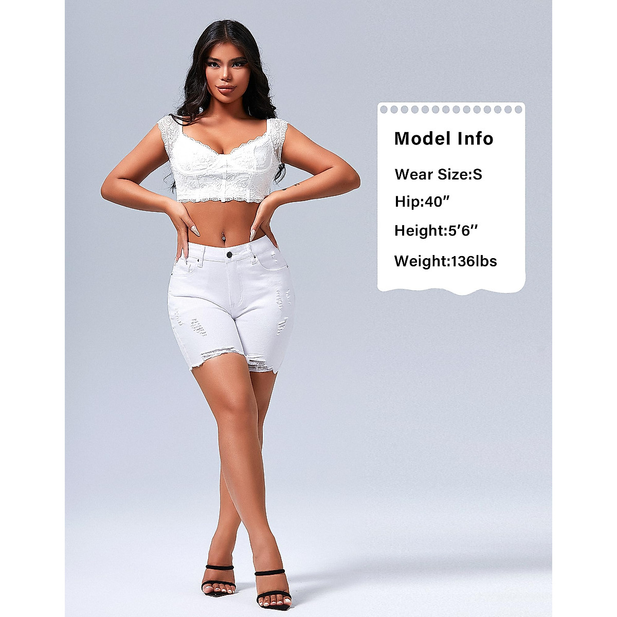 roswear Women’s Casual Summer Ripped High Waisted Denim Shorts Stretch Distressed Frayed Raw Hem Jean Shorts White Large