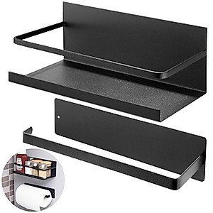 NiHome 2-Pack Magnetic Kitchen Organizer Racks (Spice Rack+Paper Towel Holder), Space Saving Drill-Free Multifunctional Magnetic Backing Refrigerator Metal Surface Rack Storage Shelf Towel Bar (Black)