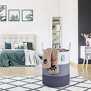 BOSROTY Large Laundry Hamper Basket for Girls Boys Kids 65L, Nursery Hamper, Tall Blanket Basket, Clothes Basket Laundry, Woven Basket, Cotton Rope Basket, Toy Basket, 16”x 20”, White & Gray