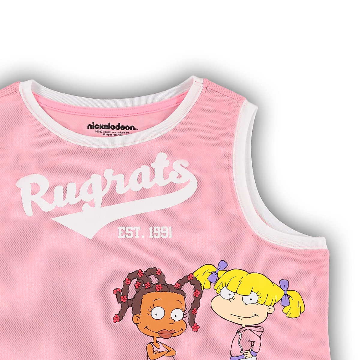 Ladies Rugrats 90's Fashion Shirt - Rugrats Angelica and Reptar Mesh Tank Top (Pink White, Large)