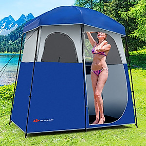Goplus 2 Room Shower Tent, Portable Camping Changing Tent with Floor Drain,Detachable Rain Fly, Stakes & Ropes, UV Protection, Water Resistant Privacy Tent for Outdoor Toilet, Dressing, 7’ x 3.5” x 7’