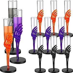 Tanlade 2.7 oz Halloween Goblets with Spooky Skeleton Hand Plastic Champagne Flutes Cups for Decorations and Haunted House(Orange, Black, Purple,12 Pcs)