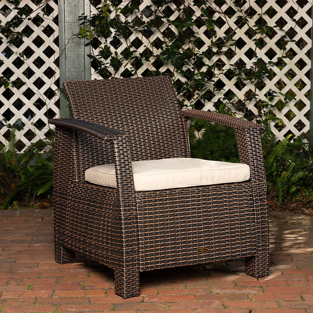 Patio Sense 62775 Bondi Deluxe Armchair All Weather Lightweight & Durable Outdoor Seating Wicker Low Maintenance Khaki Cushion Included - Mocha