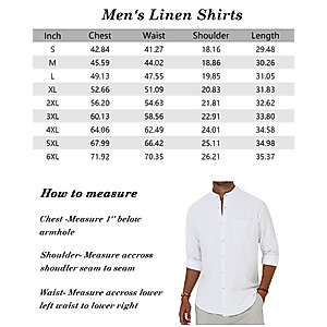 Alimens & Gentle Men's Cotton Linen Shirts Long Sleeve Button Down Shirt Band Collar Beach Shirts Black