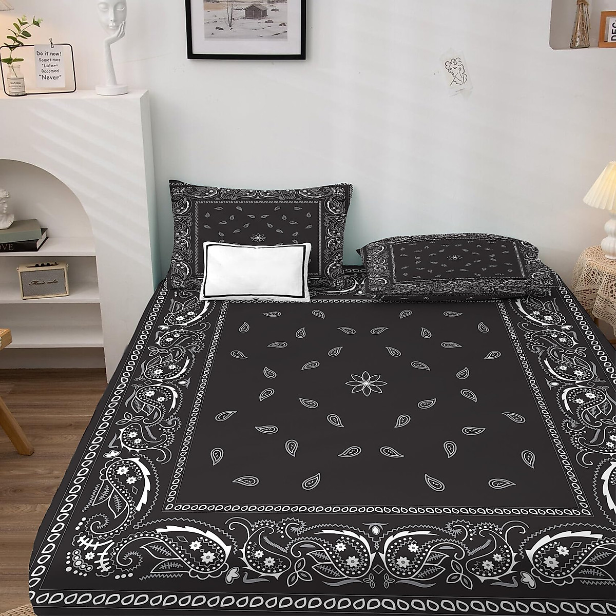 THYUNQ Black Bandana Sheets Full Size Bed, Paisley Pattern Bedding Sheets & Pillowcases - 16 Inch Deep Pocket, Soft Microfiber Sheet Set 4 Piece, Bandana Bedroom & Room Decor