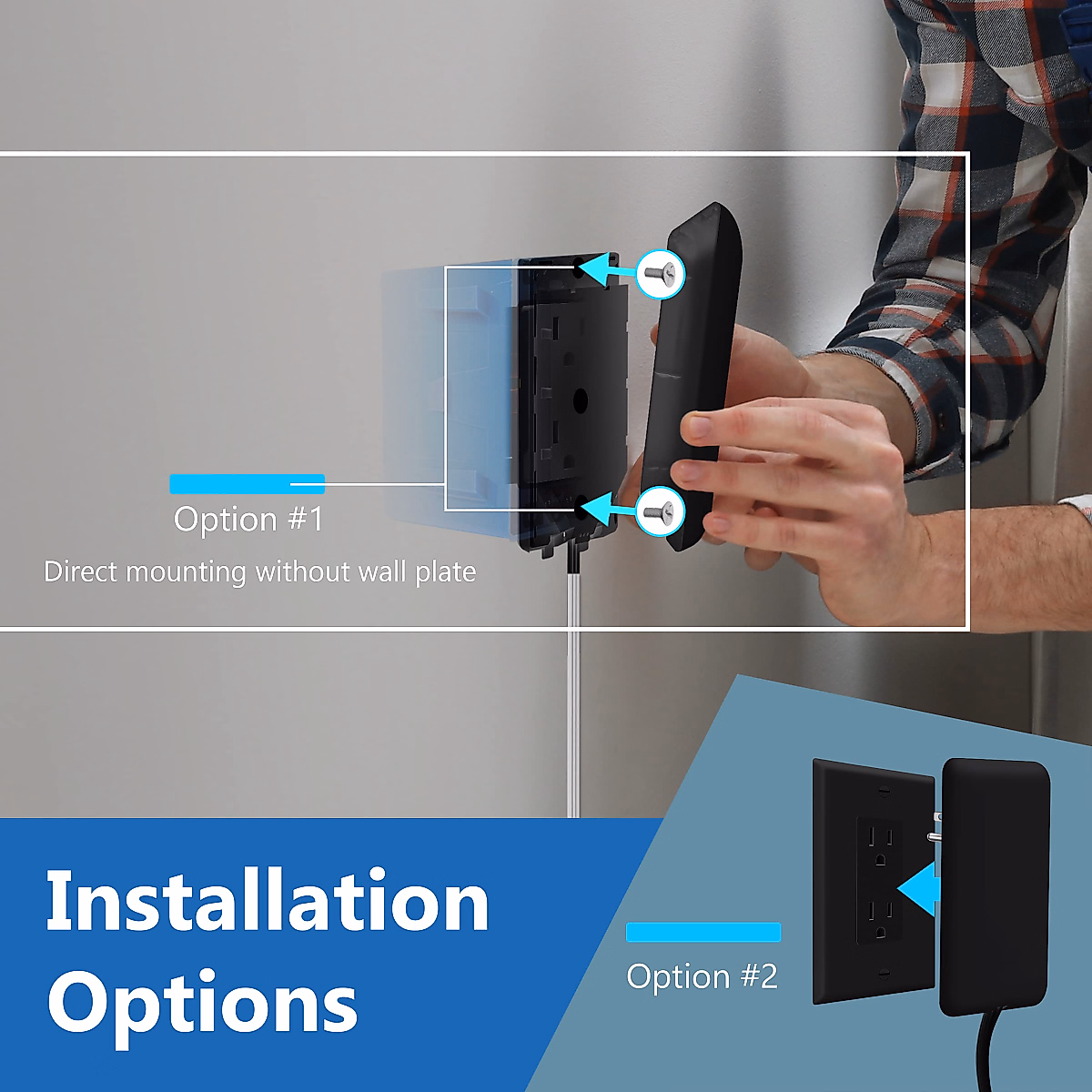 LIDER Flat-Face Outlet Extender with 3 Receptacles, Ultra-Thin Wall Plate Plug with Cord Extender and 3-Outlet Power Strip, 3ft Cord, LWE3-315-BK, Black