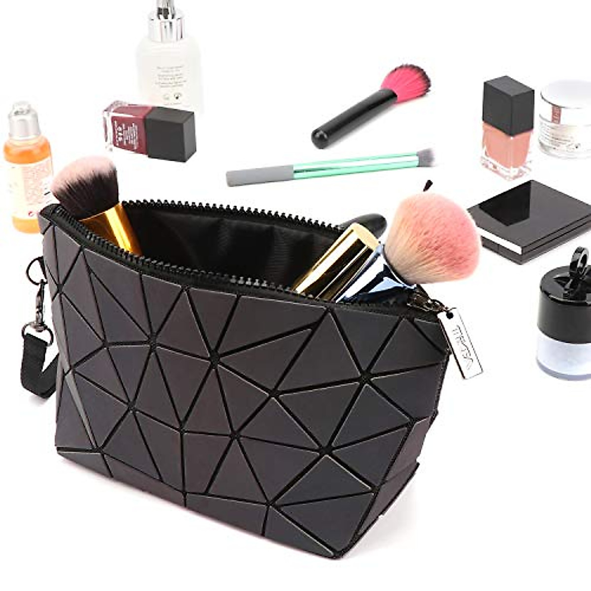 Tikea Makeup Pouch - Small Cosmetic Bag Travel Geometric Luminous Clutch Lattice Reflective Toiletry Beauty Bag Cosmetic Wristlets