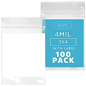 GPI - 3" x 4" - Bulk Pack of 100, 4 Mil Thick, Heavy Duty, Clear Plastic Reclosable Zip Bags, with Write-on White Block for Labeling, Strong & Durable Poly Baggies with Resealable Zipper Top Lock.