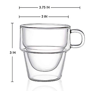 JoyJolt Stoiva Double Wall Insulated Espresso Glass Cups – 5 oz. (150 ml) Espresso Shot Glass Cup with Handle – Stackable Thermal Clear Glass Cups, Fit for Espresso Machine and Coffee Maker – Set of 4