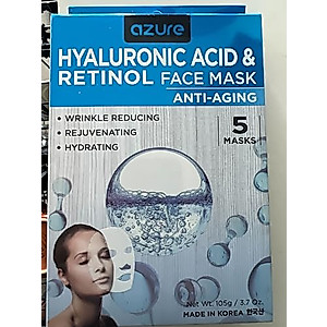AZURE Hyaluronic Acid & Retinol Anti Aging Facial Mask - Dermatologist Tested - Rejuvenating & Hydrating Face Mask - Helps Reduce Fine Lines & Wrinkles, Smooths & Repairs - Korean Skin Care - 5 Pack