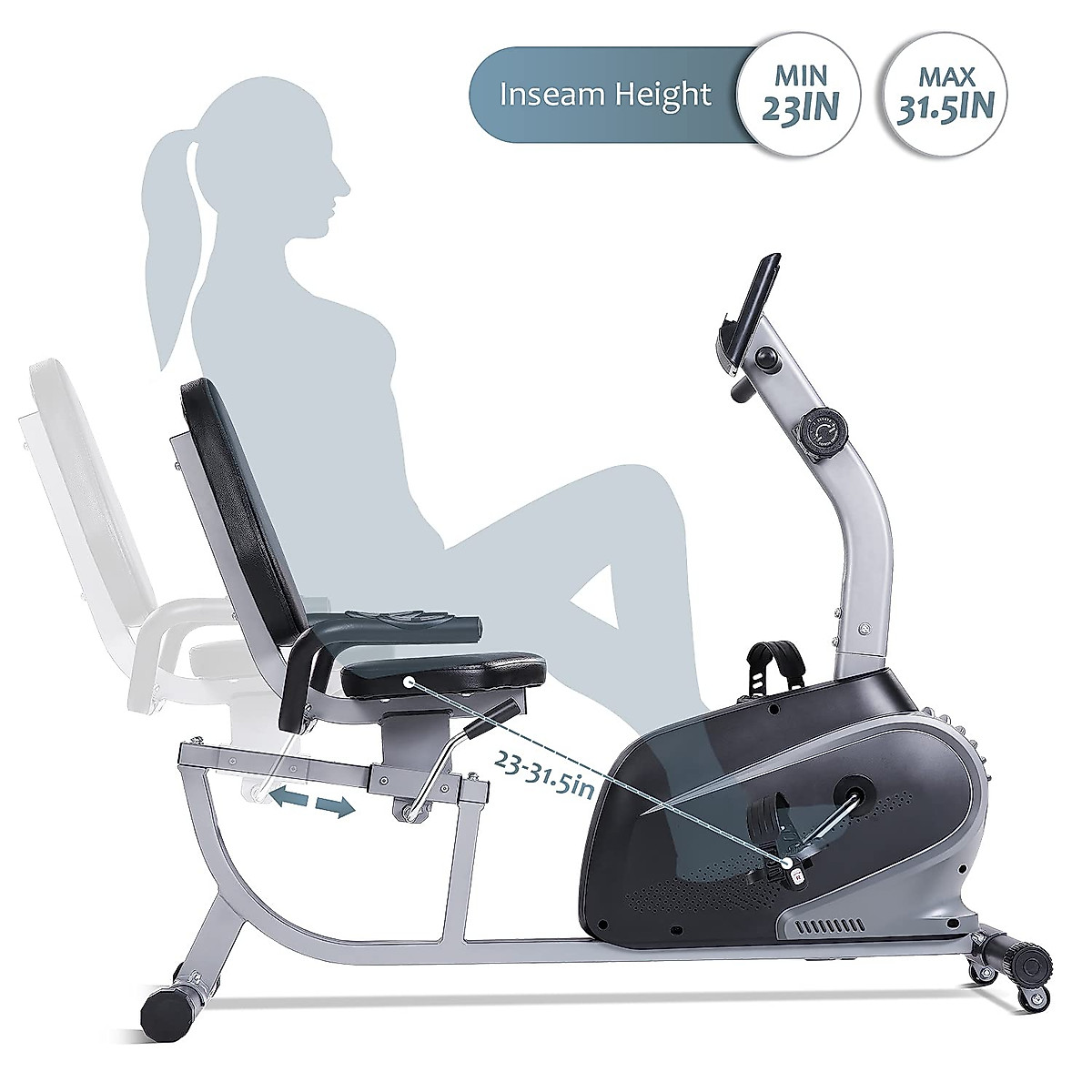 Magnetic Recumbent Exercise Bike Indoor Stationary Bike with Adjustable Cushion Seat and Resistance,Pluse Monitor,Transport Wheels and Tablet Holder for Home Use