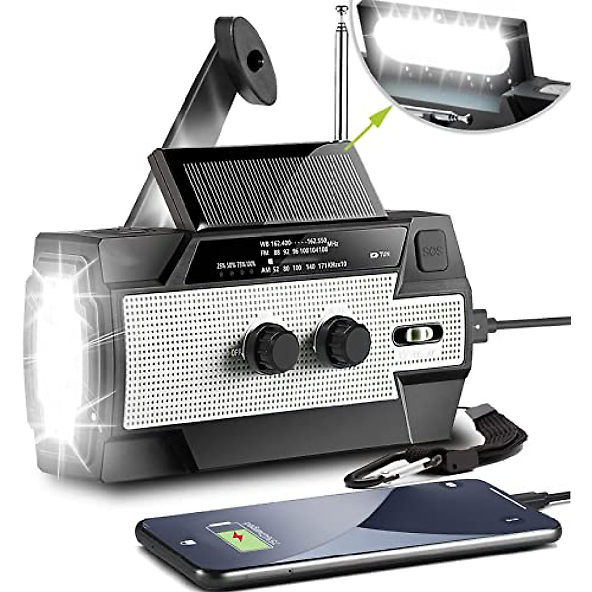 Tiamat+ Radio, Solar Hand Crank Radio with 4000mAh-Power Bank USB Charger, Portable AM/FM/NOAA Tiamat+ Radio, Reading Lamp, LED Flashlight, SOS Alarm for Emergency Black-White